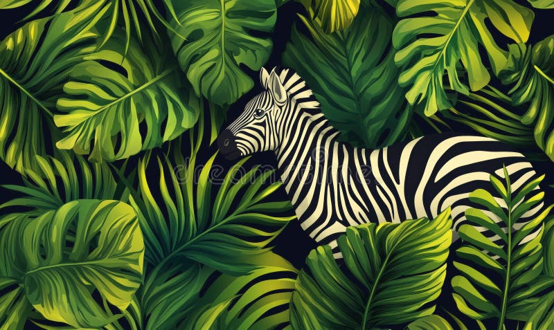 Zebra Hidden among Lush Green Tropical Leaves in Vibrant Jungle Setting ...