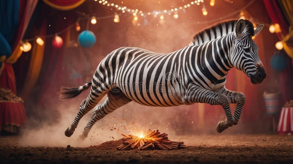 Striking Zebra Leaping Over Sparkling Fire in Circus Atmosphere Stock ...