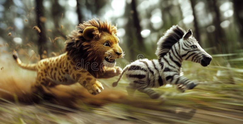 A Zebra and Lion Running in the Woods Together, AI Stock Photo - Image ...