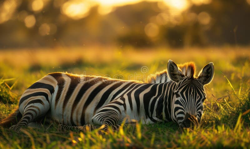 Zebra Lying Down in the Grass, Resting Stock Image - Image of black ...