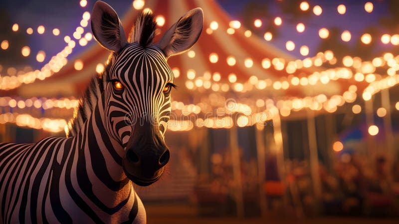 Zebra at Nighttime Carnival with Bright Festive Lights Stock Photo ...