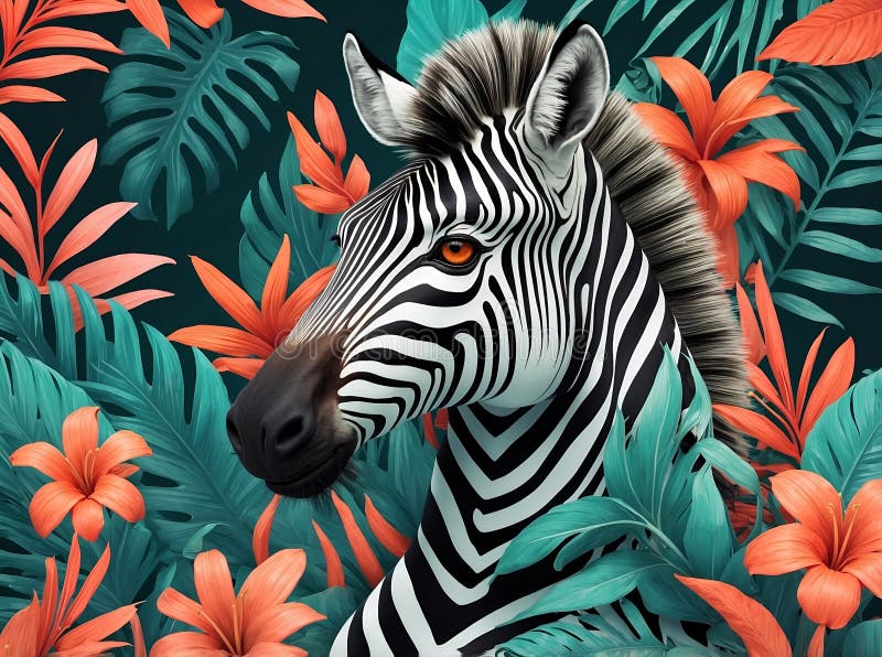 Zebra Posing with Exotic Flowers and Jungle Plants Stock Illustration ...