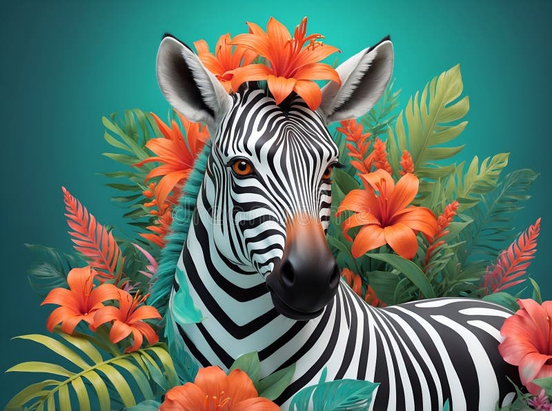 Zebra Posing with Tropical Flowers and Plants on Turquoise Background ...