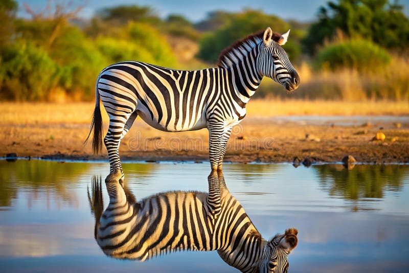 Zebra Reflection in Waterhole at Sunrise Stock Illustration ...