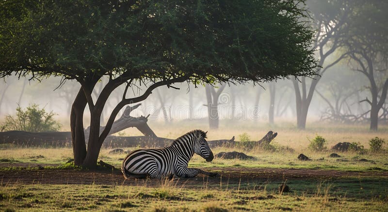 Zebra Resting Under Tree in African Landscape Stock Illustration ...