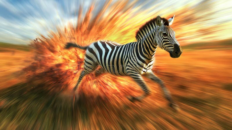 Zebra Running with a Blurred Background with Yellow Orange Colors Stock ...