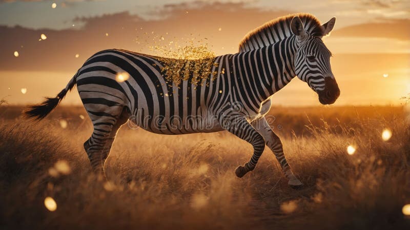 Majestic Zebra Running at Golden Sunset in Savannah Stock Illustration ...