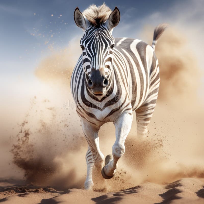 Zebra Running in Sand Against Blue Sky with Clouds. 3d Illustration ...