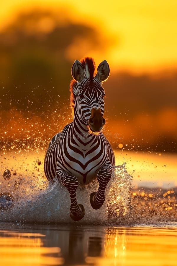 A Zebra Running through the Water at Sunset Stock Image - Image of body ...