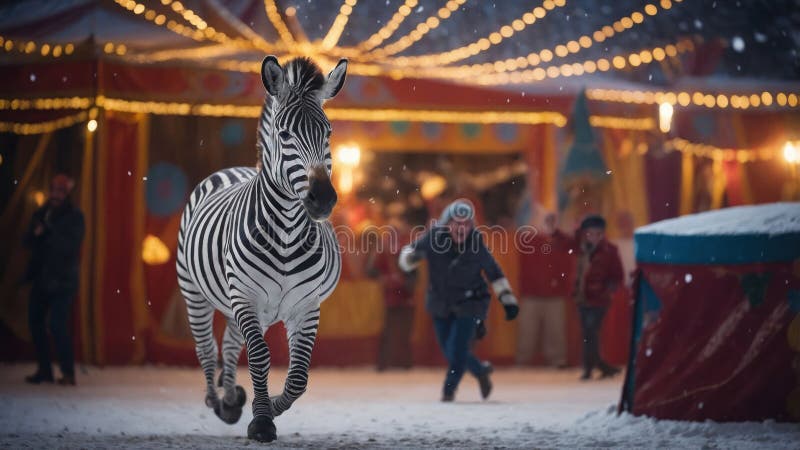 Striking Zebra Running Towards Illuminated Circus Tent in Snowy Night ...