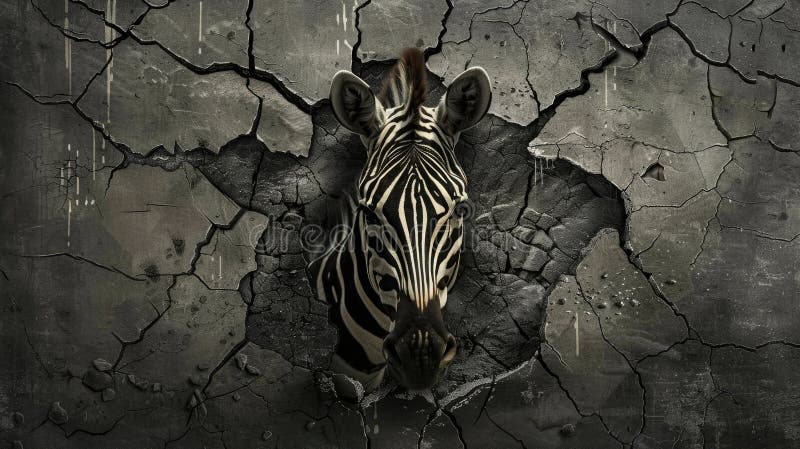 A Zebra S Head Juxtaposed Against a Backdrop of Aged, Cracked Wall ...