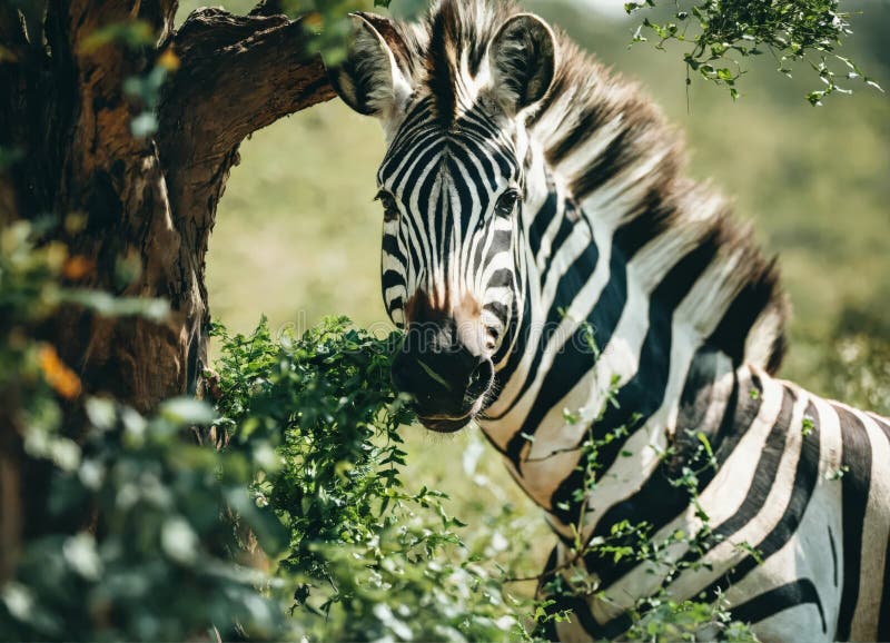 Zebra in the African Savannah Near a Green Tree Stock Illustration ...