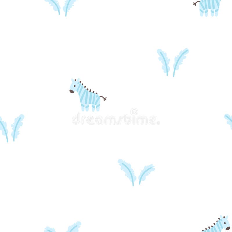 Zebra Seamless Minimalistic Pattern with Leaves. Blue Cartoon ...