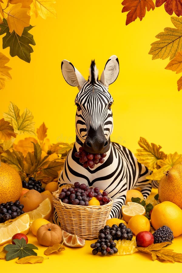 A Zebra Sitting Next To a Basket of Fruit on a Yellow Background Stock ...
