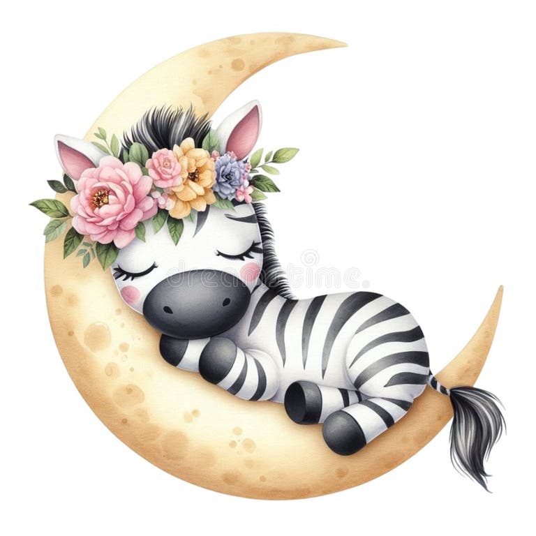 Zebra Sleeping on the Moon Clipart Watercolor Stock Illustration ...
