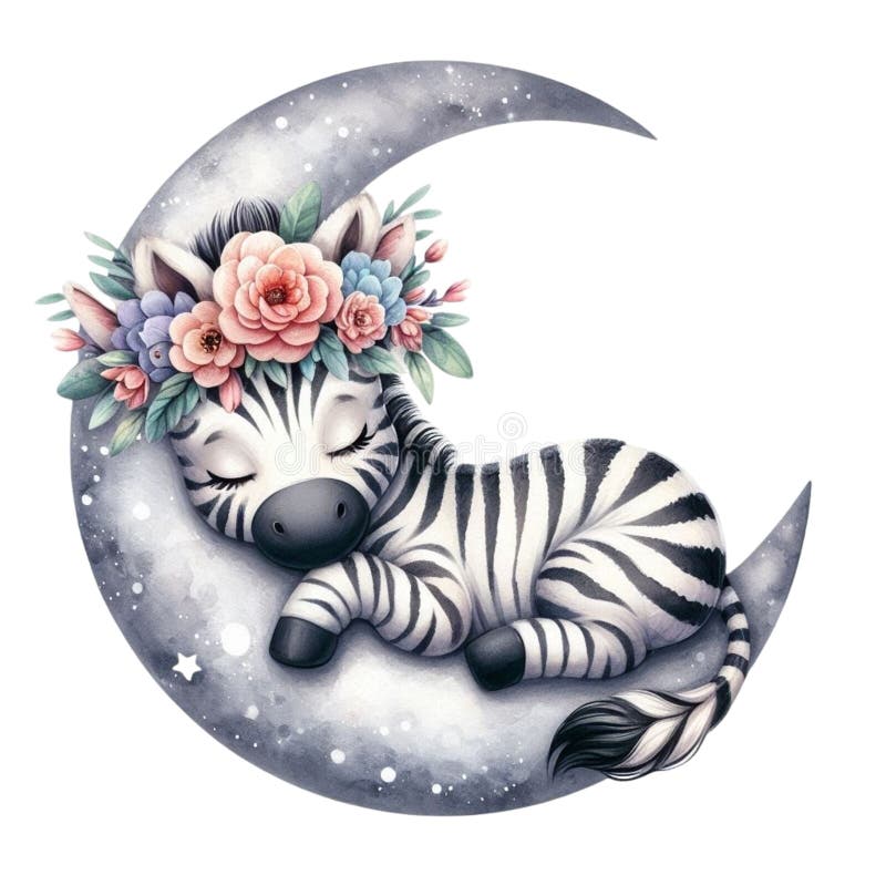 Zebra Sleeping on the Moon Clipart Watercolor Stock Illustration ...