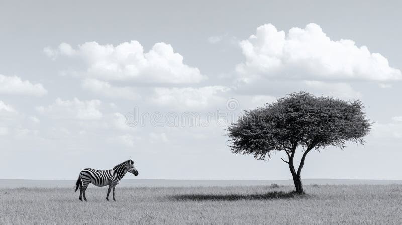 Zebra and Solitary Tree in Monochrome African Savanna Stock ...