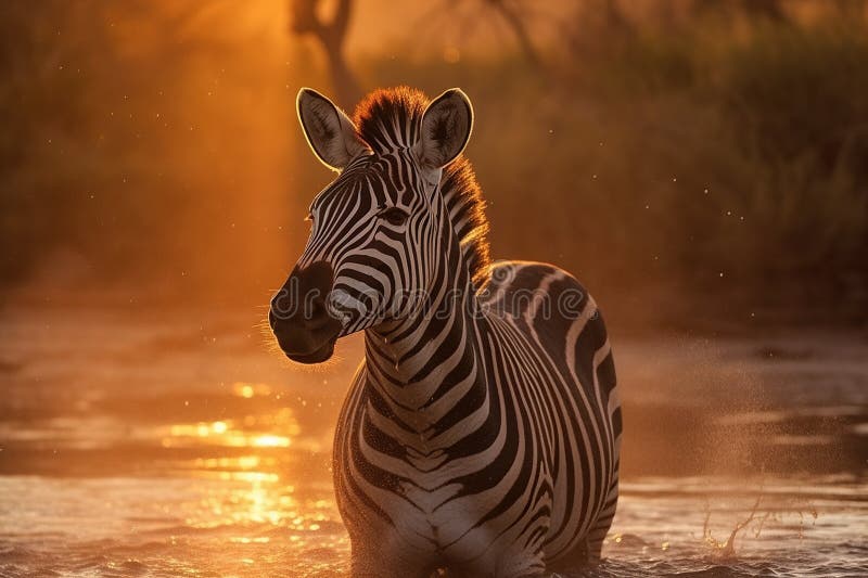 Zebra Splashes in Sunrise Glow Stock Photo - Image of wilderness ...