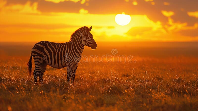 A Zebra Standing Alone on a Grassy Plain at Sunset . Generative Ai ...