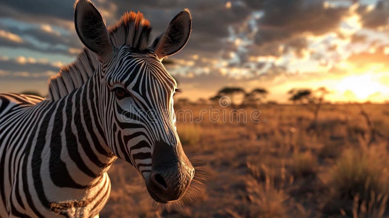 A Zebra Standing Alone in the Sunset-lit Field with Cloudy Sky and ...