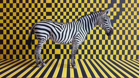 A Zebra Standing on a Checkered Floor in Front of Yellow and Black ...