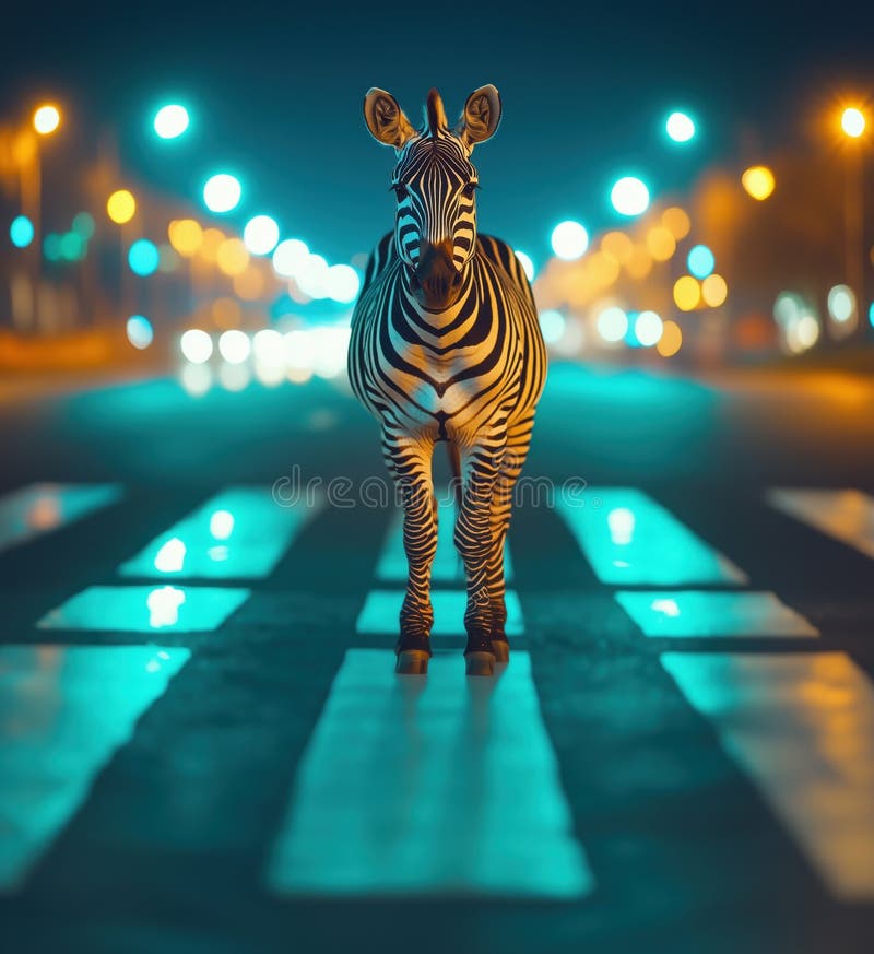 Zebra Standing Crosswalk Night City Lights Background Stock Photos ...