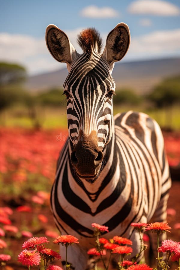 A Zebra Standing in a Field of Flowers Stock Illustration ...