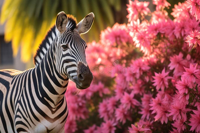 A Zebra Standing in Front of Pink Flowers Stock Illustration ...