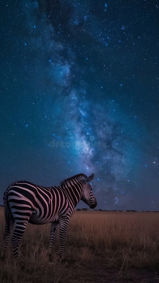 Zebra Standing in a Grassland Under a Starry Night Sky, Cosmic Journey ...