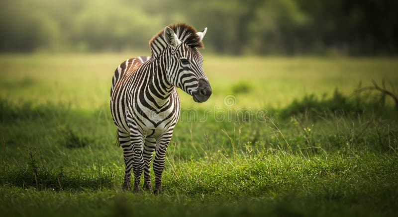 Zebra Standing in a Lush Green Field Stock Illustration - Illustration ...