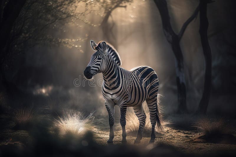 A Zebra Standing in the Middle of a Forest with Fog in the Air and ...
