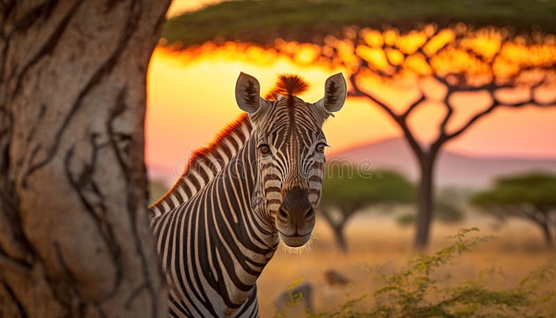 A Zebra Standing Next To a Tree in a Field at Sunset Stock Illustration ...