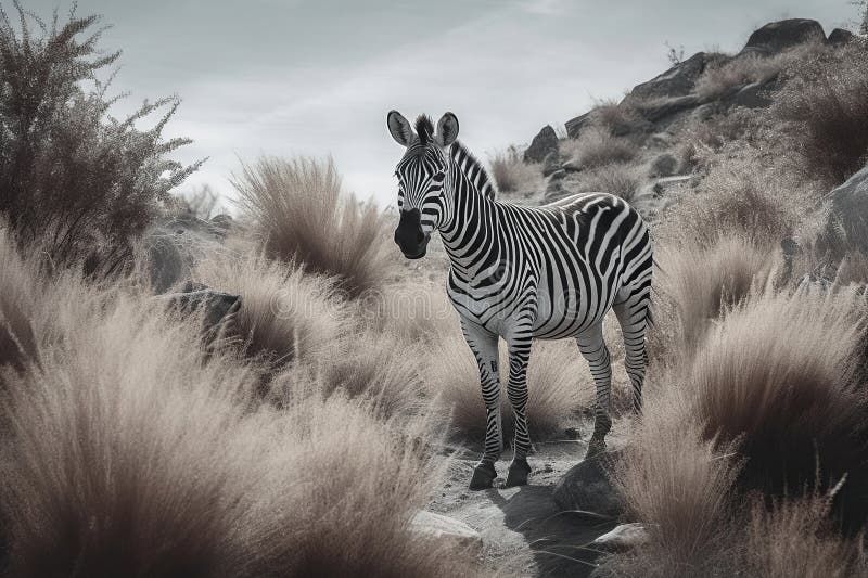 A Zebra Standing on a Rocky Path in a Desert Landscape with Tall ...