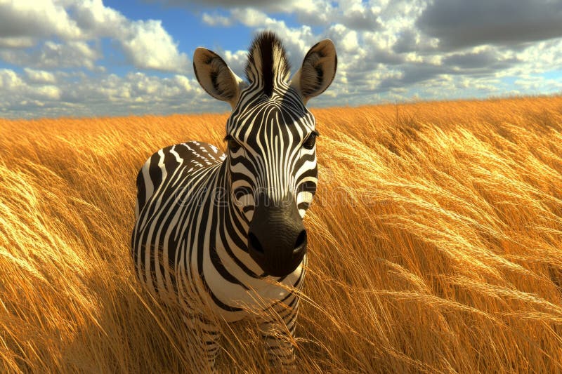 Zebra Standing in Tall Yellow Grass Under Cloudy Sky in the African ...