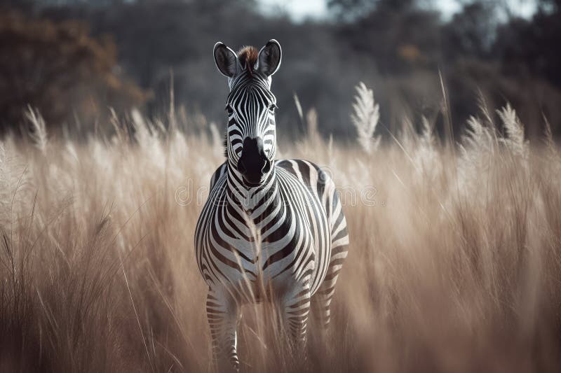 A Zebra Stands Amidst Golden Grass, with Trees in Soft-focus Background ...