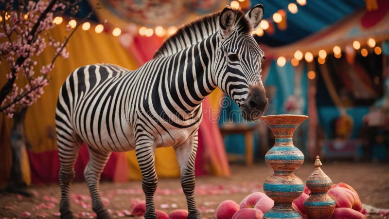 Striking Zebra at the Circus, Near Ornate Vases Stock Illustration ...