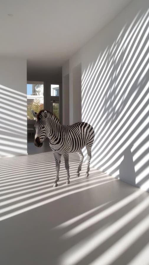 A Zebra Stands in a Contemporary Room Filled with White Walls and Light ...