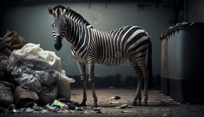 A Zebra Stands Near a Pile of Plastic Waste,Concept of Saving the World ...