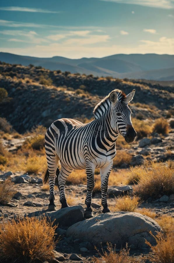 Lone Zebra in Rocky Mountain Landscape at Sunset Stock Illustration ...