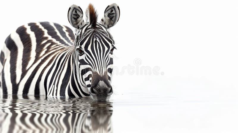 A Zebra Stands in a Shallow Body of Water, Drinking. Its Black and ...
