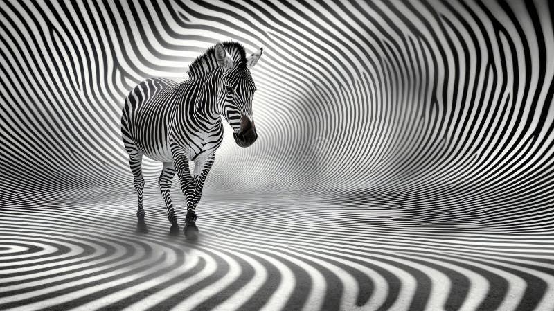 Zebra Walks through a Surreal Landscape of Swirling Black and White ...