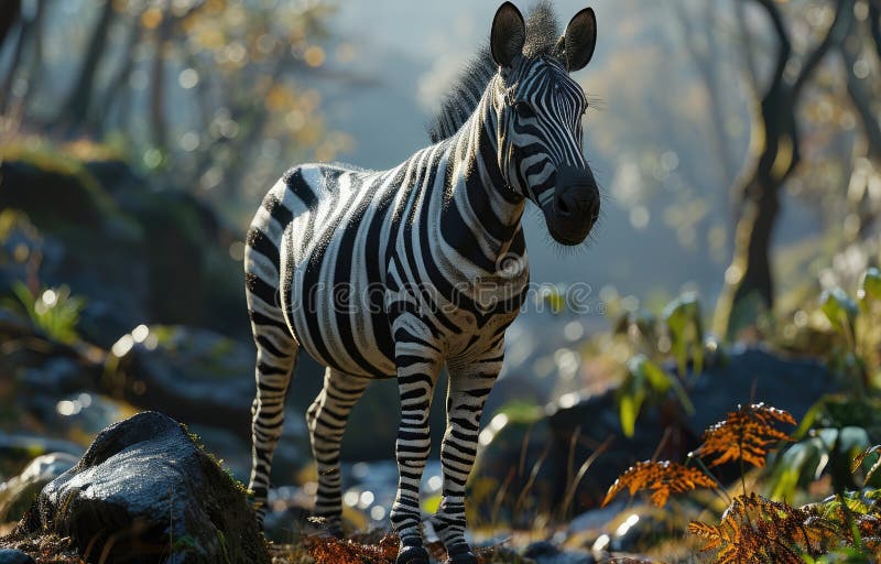 Zebra in Sunlit Forest stock illustration. Illustration of daylight ...