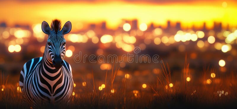 Zebra in Urban Landscape at Sunset with Blurred City Lights in ...