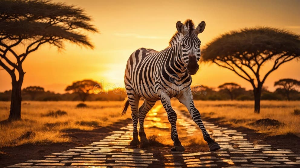 Striped Zebra Walking on African Savannah Sunset Stock Illustration ...