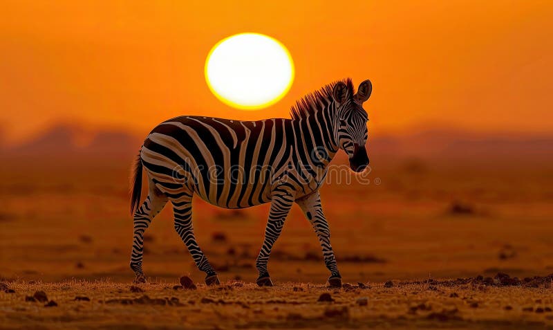 A Zebra Walking in the Desert at Sunset with a Large Sun in the ...