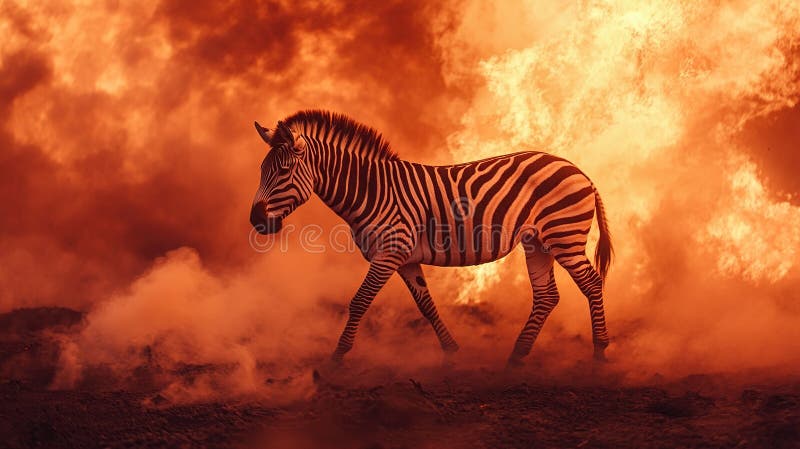 Zebra Walking through Fire and Smoke Stock Image - Image of animal ...