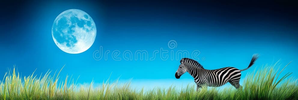 Zebra Walking Under Full Moon a Zebra Wanders through Tall Grass Under ...