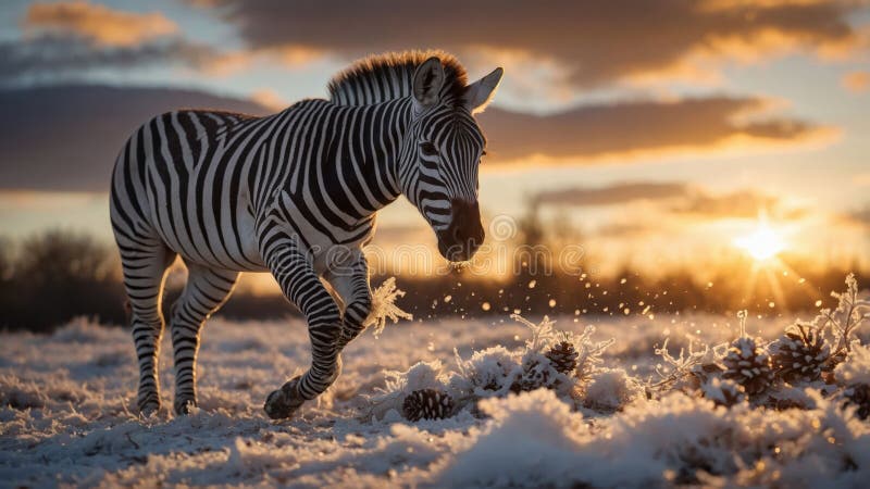 Striking Zebra Galloping in Snowy Sunset Landscape Stock Illustration ...