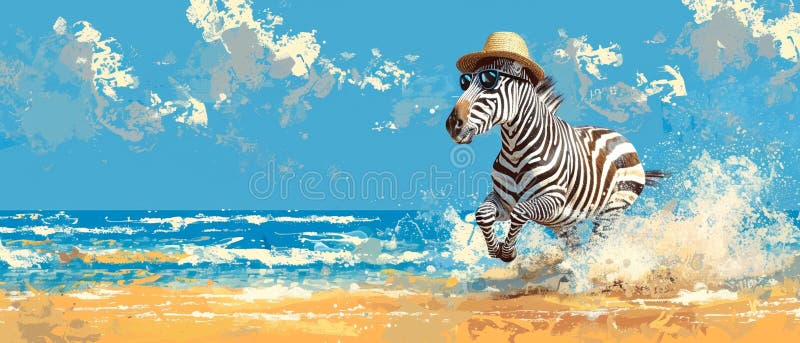 A Zebra Wearing a Hat and Sunglasses Runs on a Beach Stock Illustration ...