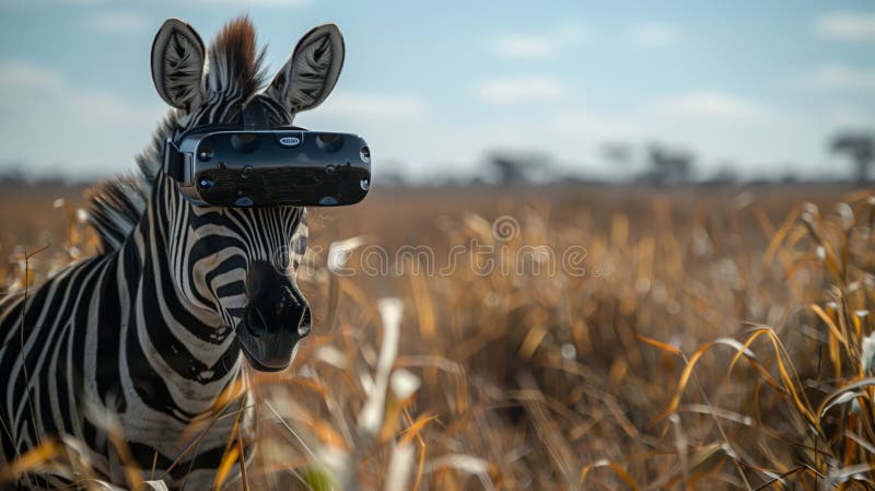 Zebra Wearing Virtual Reality Headset in Grassy Field Stock Image ...